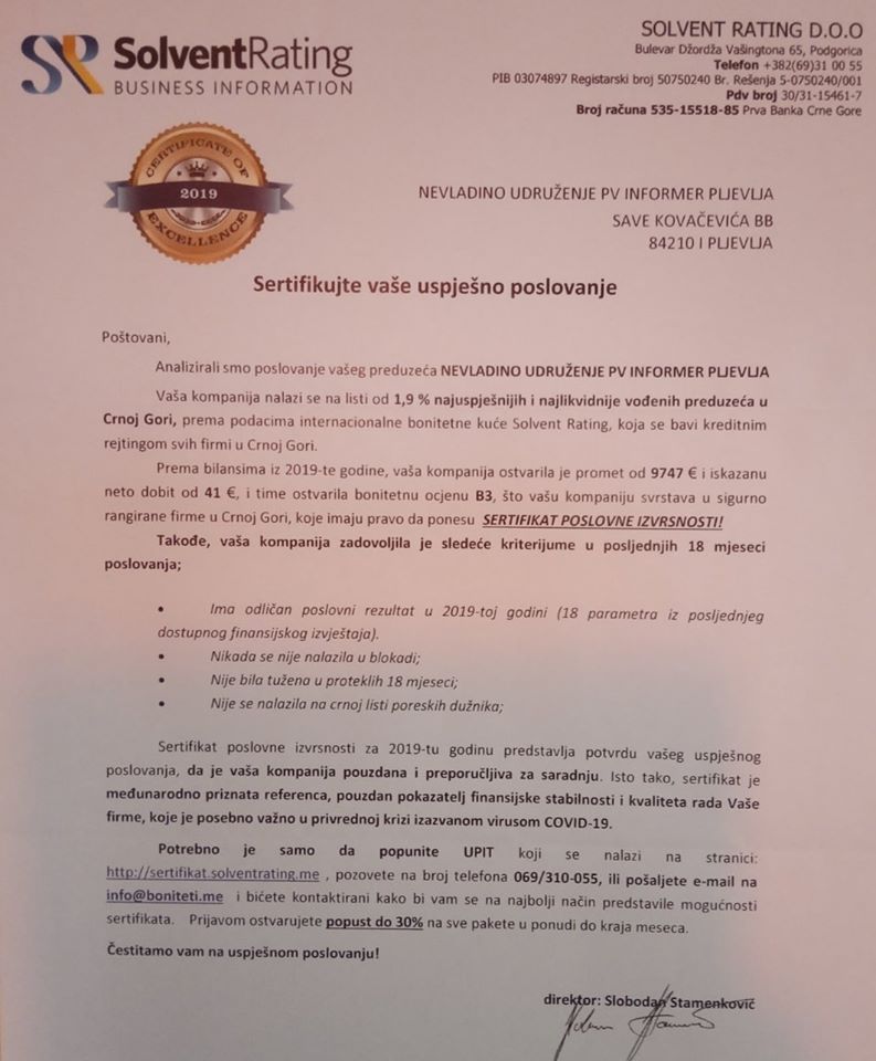 SERTIFIKAT POSLOVNE IZVRSNOSTI za NVO „PV INFORMER“ – Pljevlja - PV ...